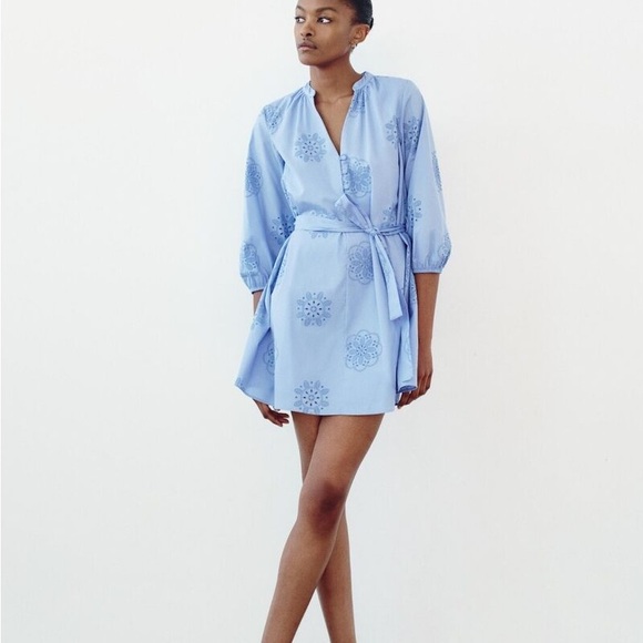 Zara | Dresses | Zara Broderie Anglaise Cotton Mini Dress Light Blue ...